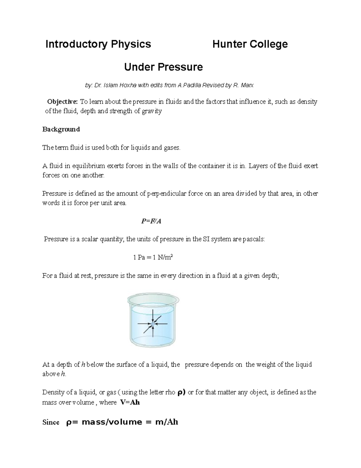 008 Under Pressure Revised 11 10 20 - Introductory Physics Hunter ...