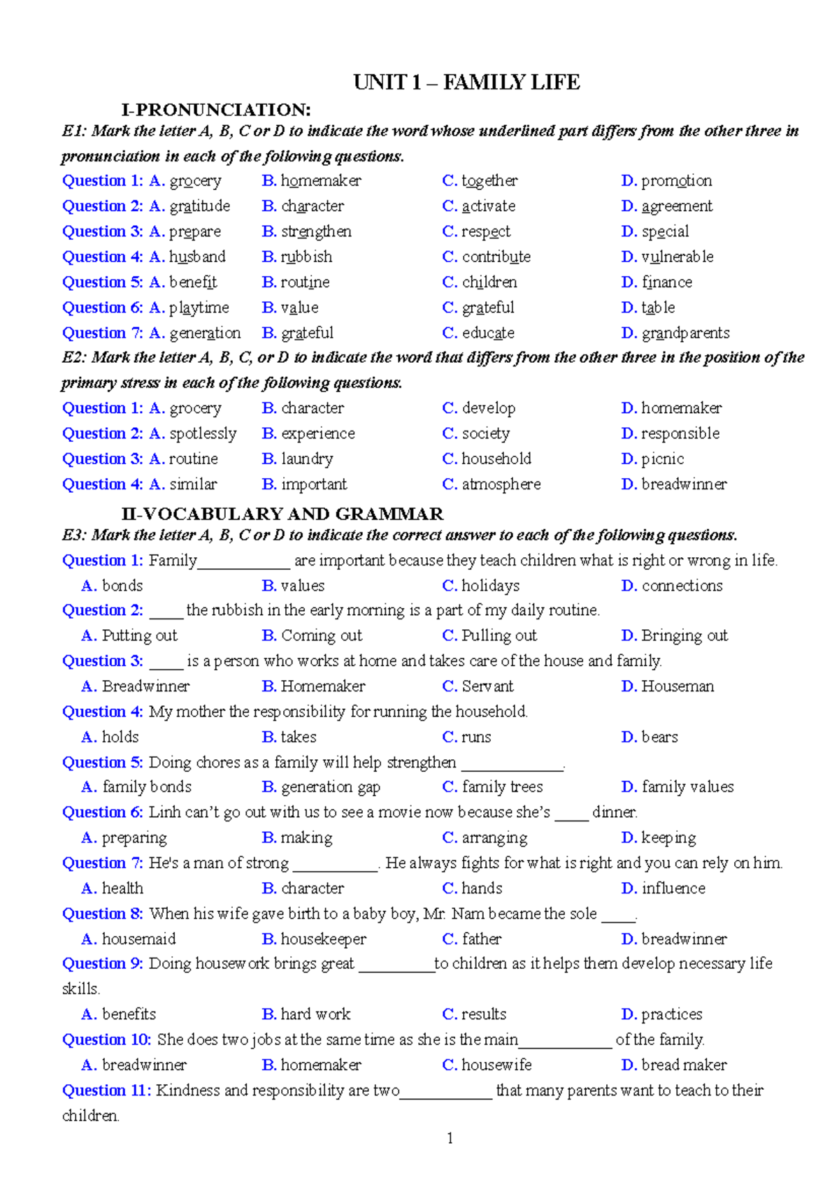 UNIT 1 - Family LIFE - Bài tập thực hành Unit 1 - lớp 10 - Global success - UNIT 1 – FAMILY LIFE ...