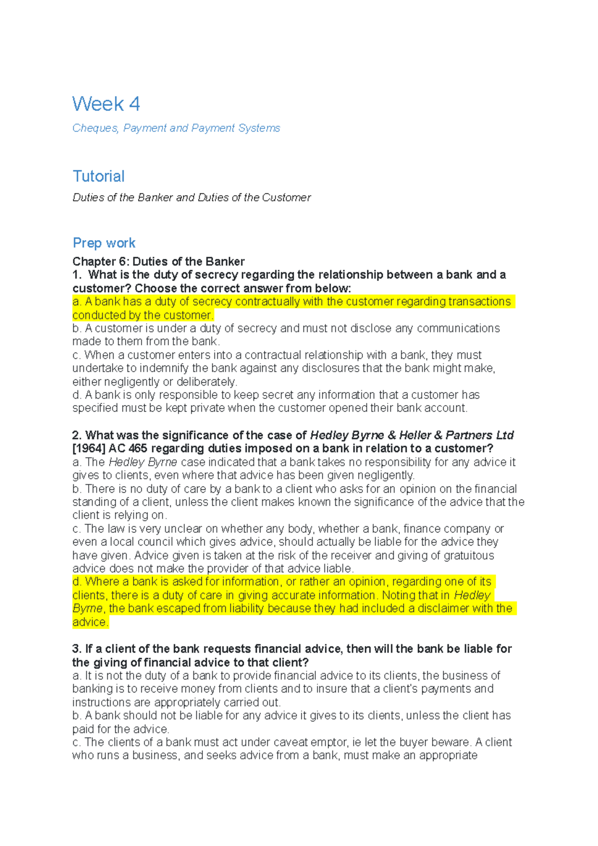 Week 4 Tutorial Questions and Answers - Week 4 Cheques, Payment and Payment Systems Tutorial ...