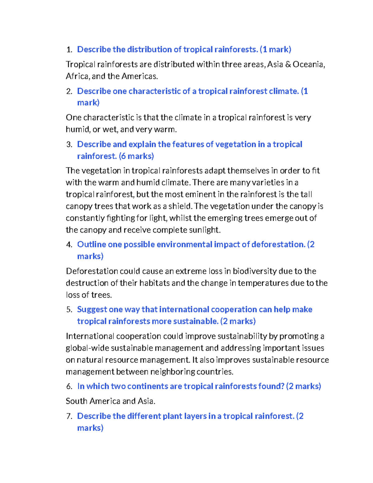 Tropical Rainforest Q's - 1. Describe the distribution of tropical ...