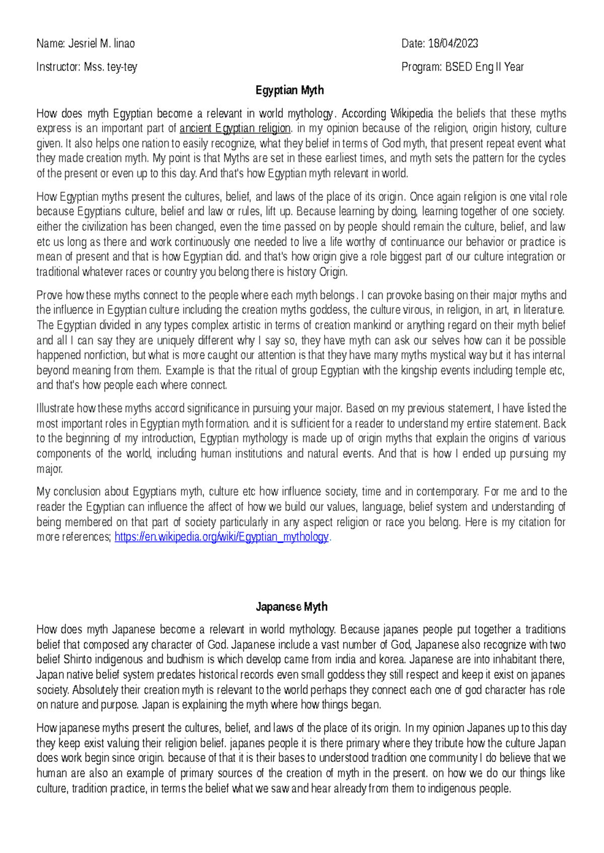 Scholarly mythology activity - Name: Jesriel M. linao Date: 18/04 ...