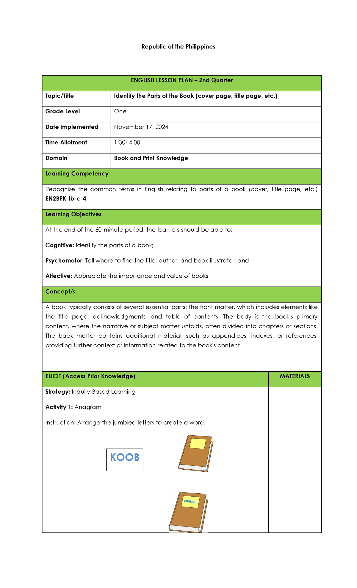 Example 7ES LP - English 7es detailed lesson plan - Republic of the ...