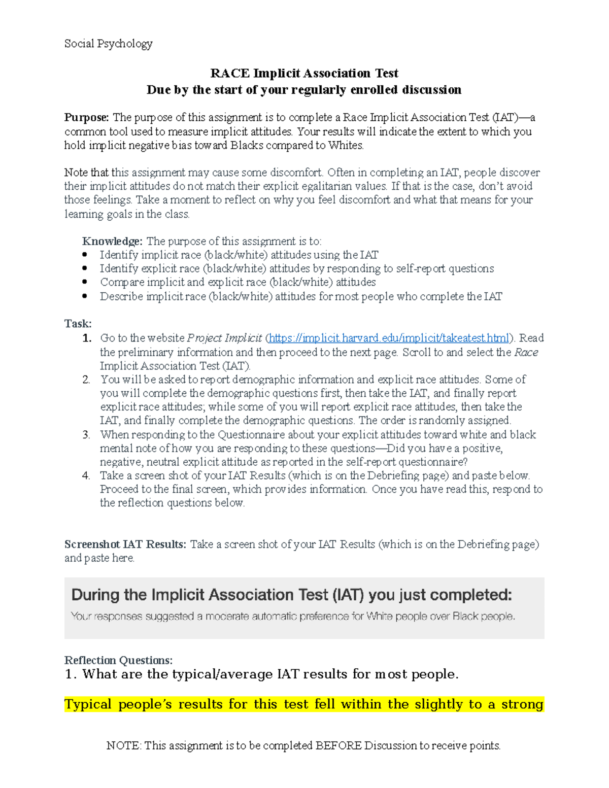 W16 Implicit Association Test Worksheet - Social Psychology RACE ...