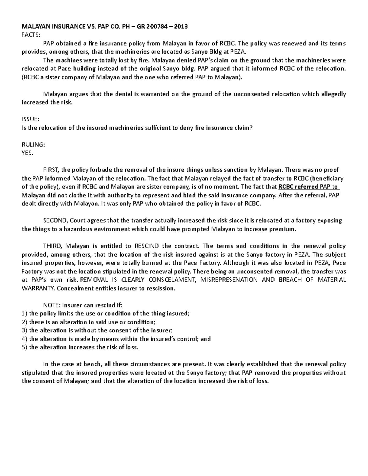 Malayan Insurance VS. PAP CO. PH – GR 2007 84 – 2013 - MALAYAN ...