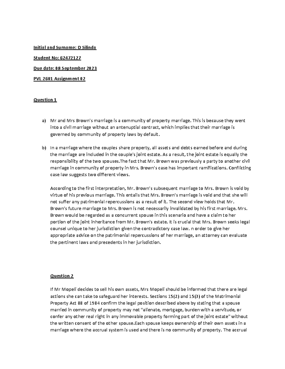 PVL 2601 Assignment 02 - Initial and Surname: D Silinda Student No: 62472127 Due date: 08 ...