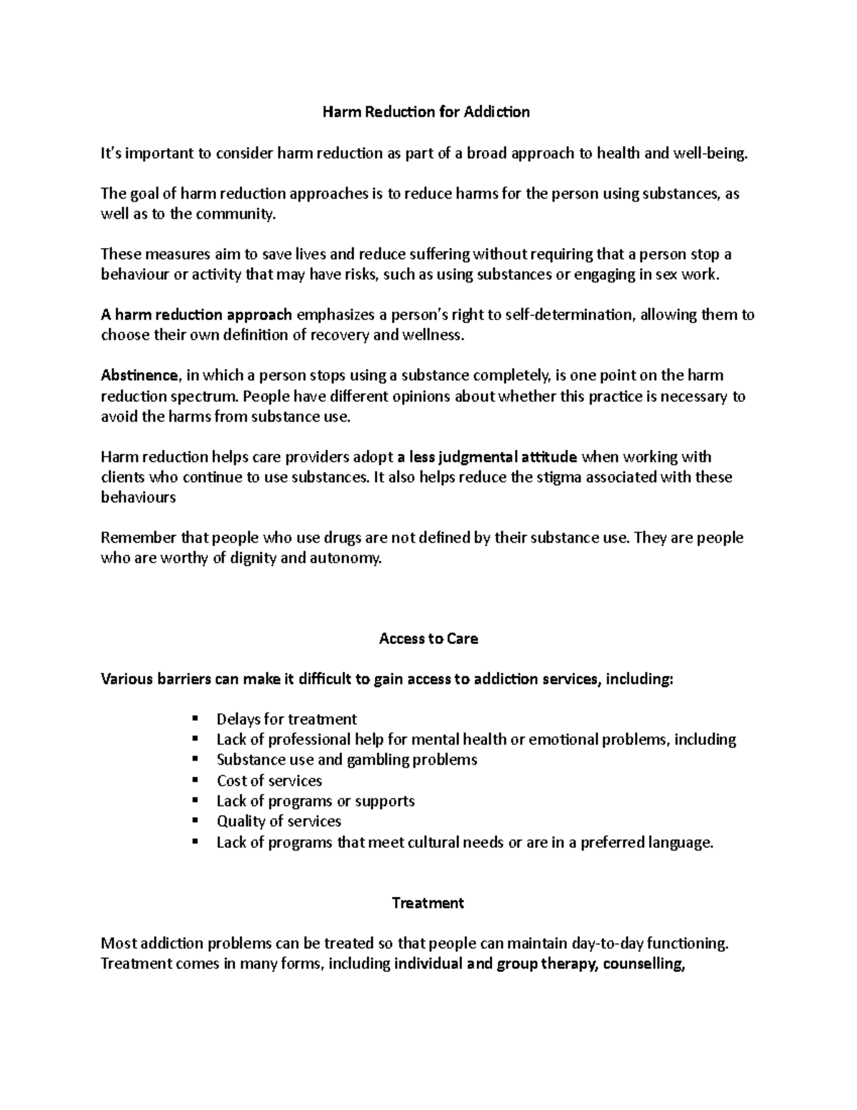 Harm Reduction for Addiction - NURS 3411 - Douglascollege - Studocu