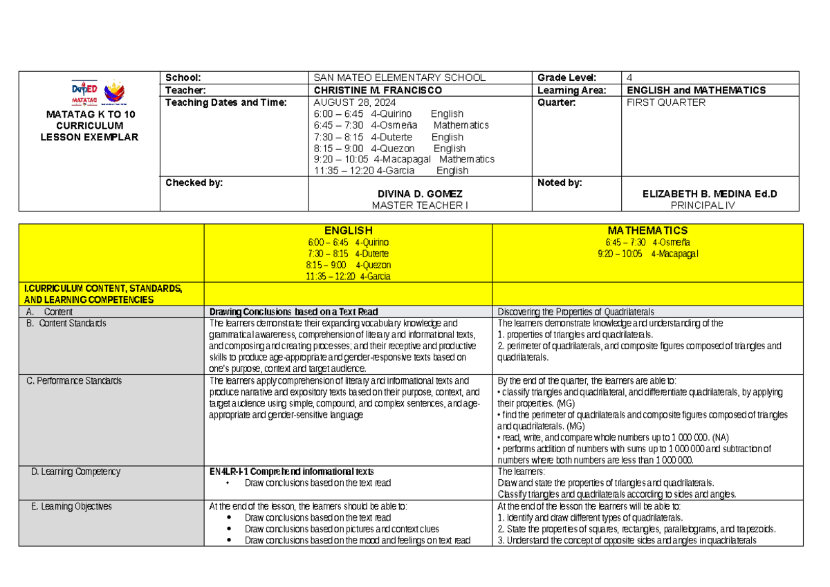 Cmfrancisco Matatag LE AUG28 - MATATAG K TO 10 CURRICULUM LESSON ...