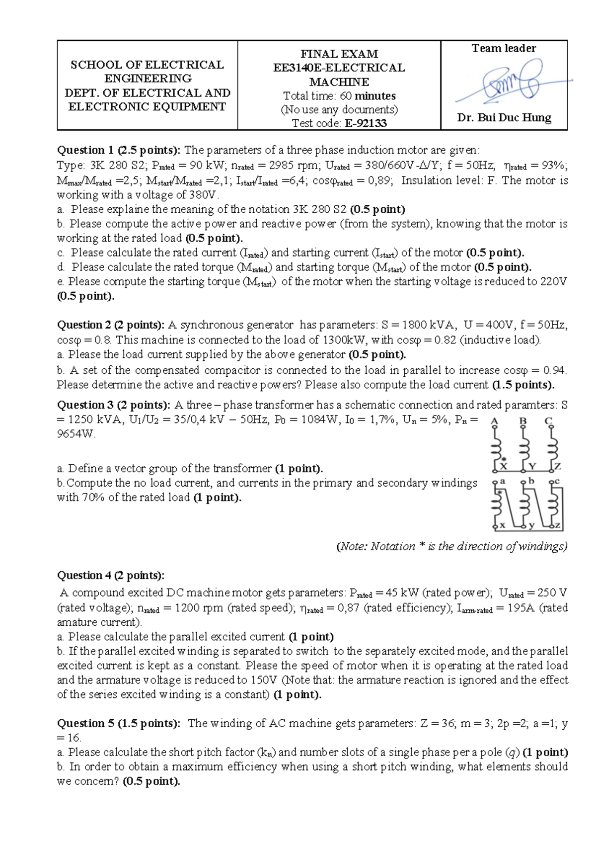 Electrical Machines Final Examination - Test 3 - SCHOOL OF ELECTRICAL ...