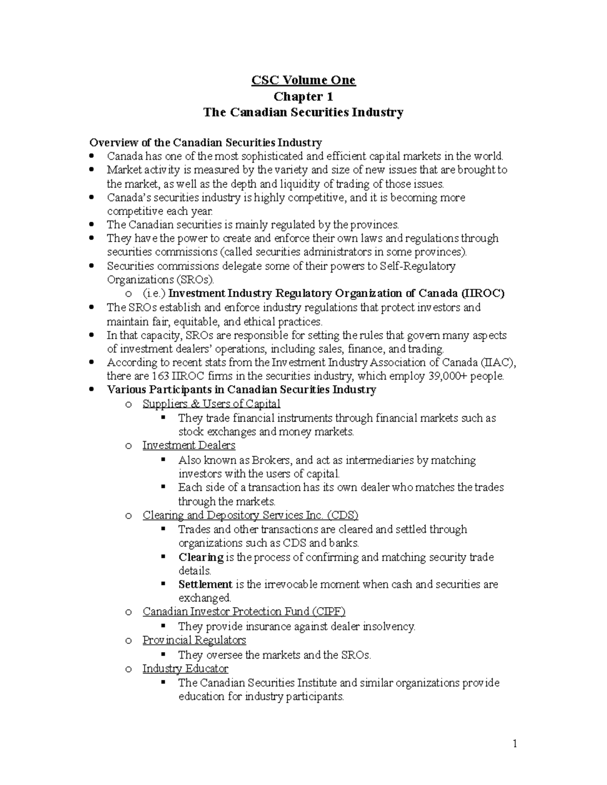 CSC Volume 1 (ch 1) 2018 - detailed chapter notes - ACCT 5000 - Humber ...