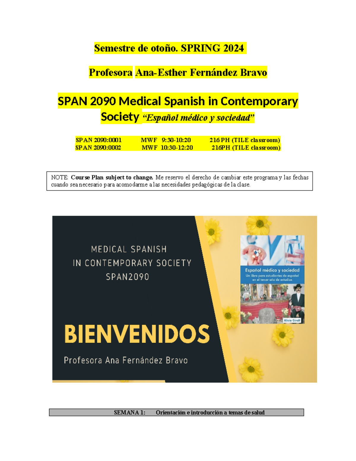 Spring 2024 Medical Spanish Course Plan - Semestre de otoño. SPRING ...