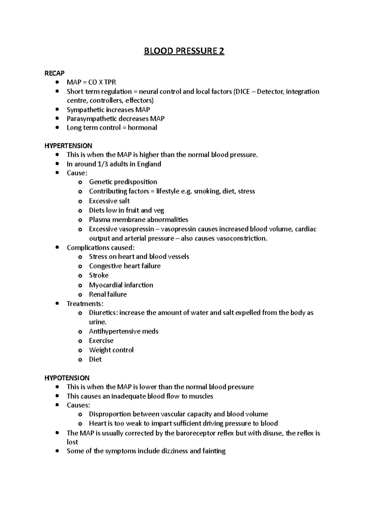 Blood Pressure II - Lt 8 - Lecture notes 8 - BLOOD PRESSURE 2 RECAP MAP ...