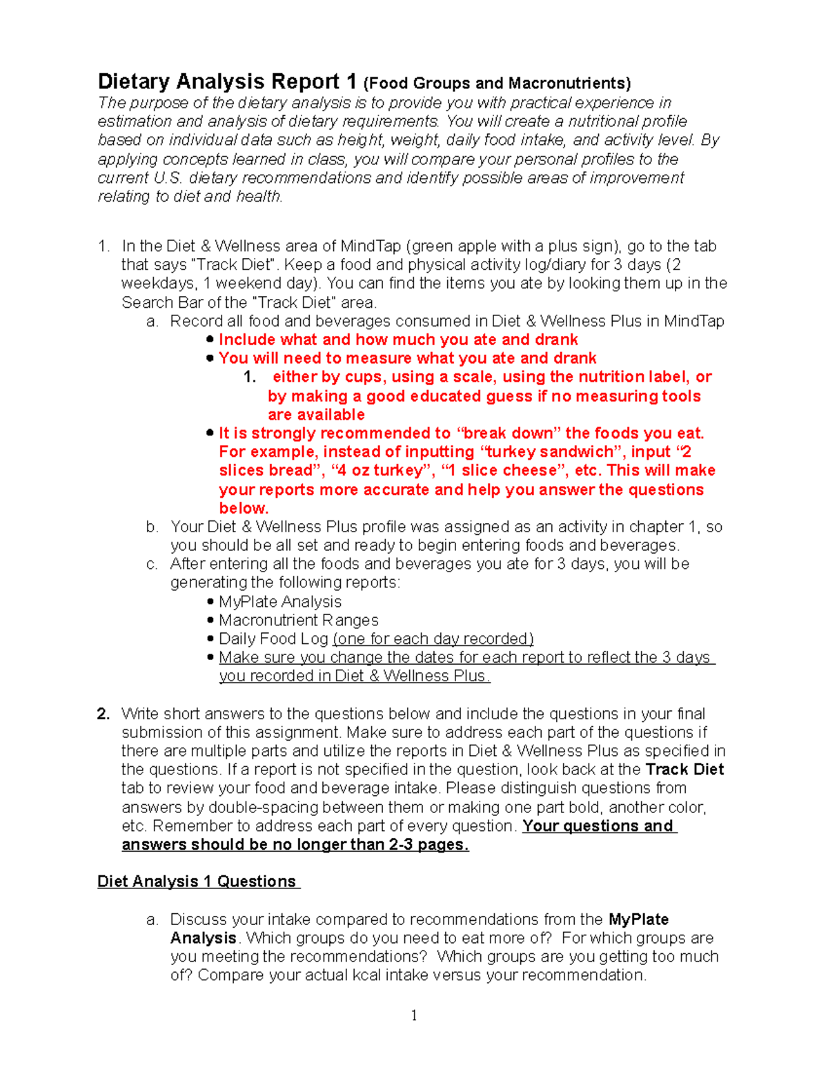 Diet Analysis Assignment 1(1) - Dietary Analysis Report 1 (Food Groups ...