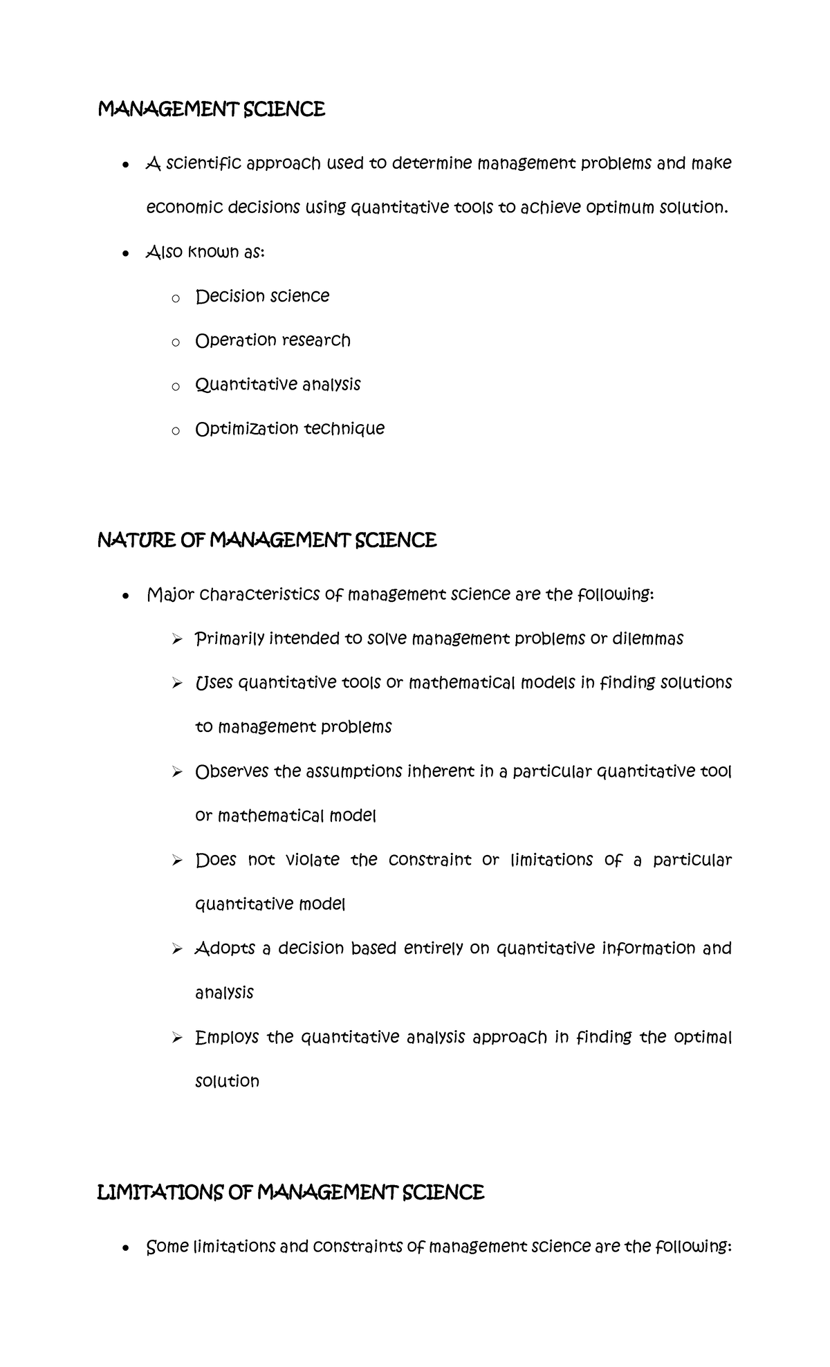 Management Science - MANAGEMENT SCIENCE A scientific approach used to ...
