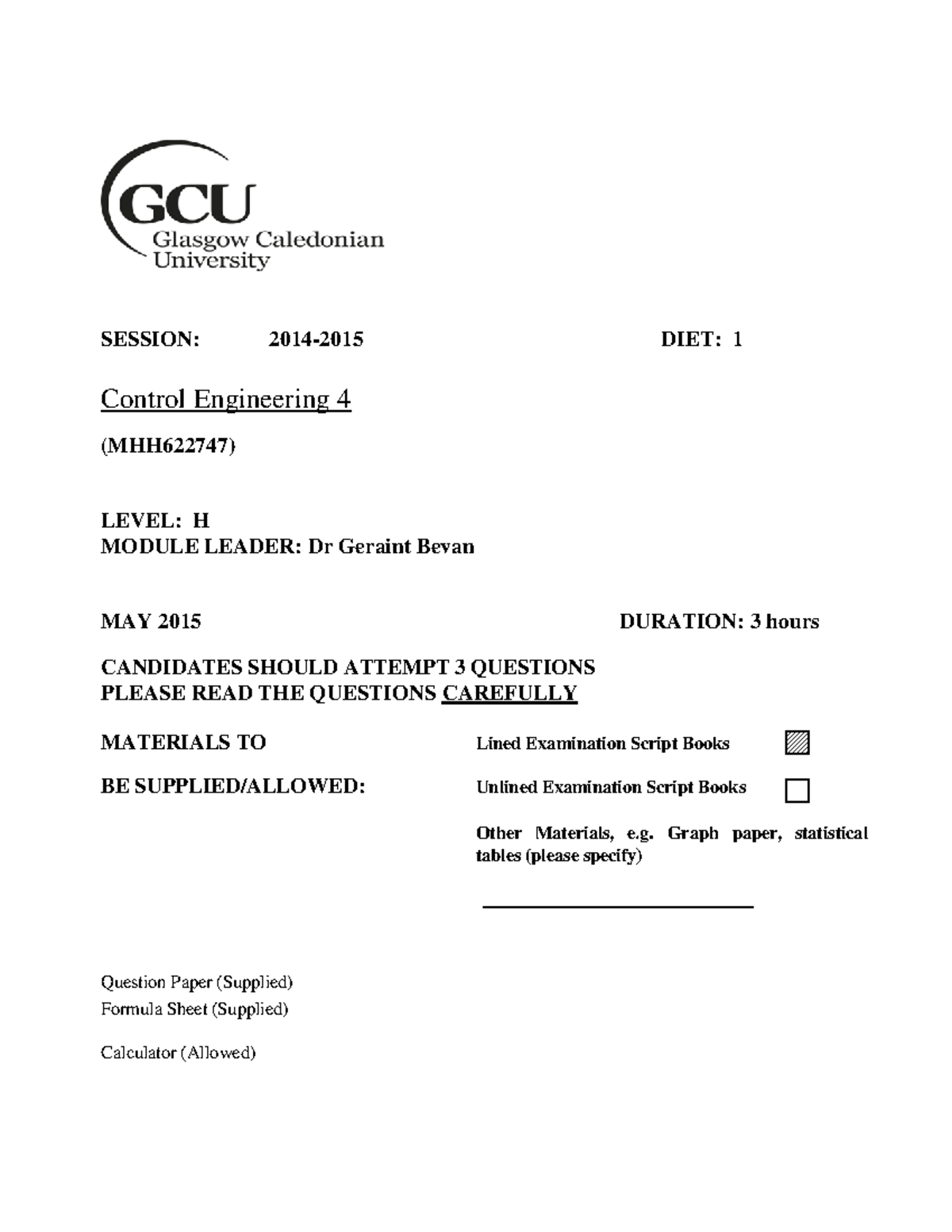 Control Engineering Past Exam - 05/2015 - SESSION: 2014 -2015 DIET: 1 ...