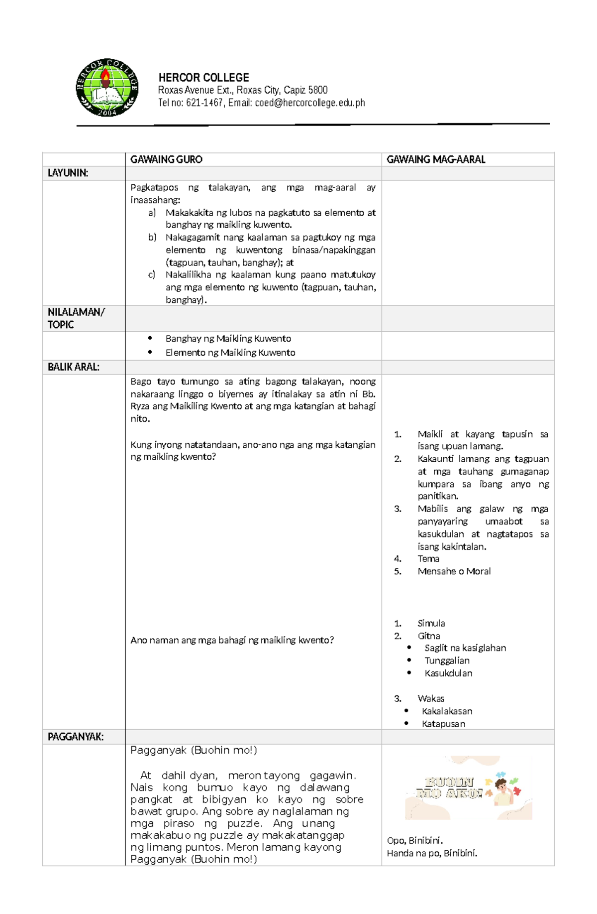 Lesson Plan - Maikling Kuwento Shiela F - HERCOR COLLEGE Roxas Avenue ...