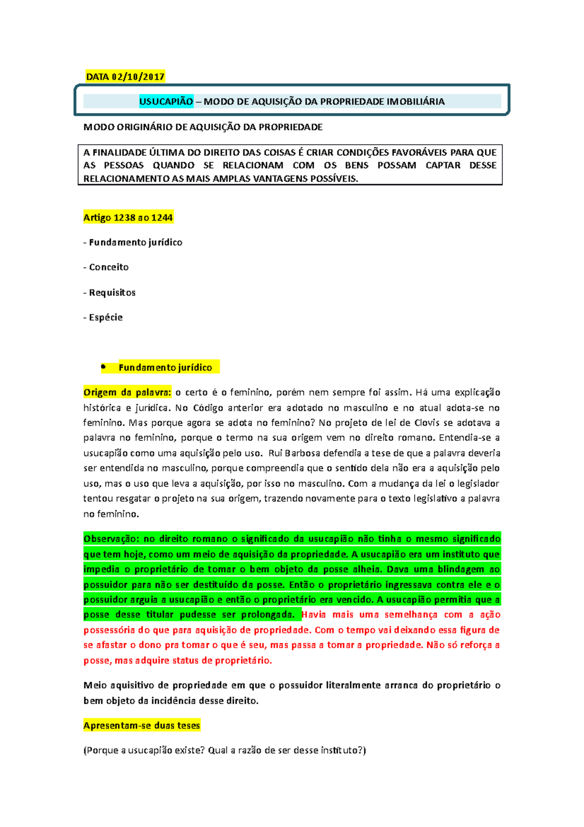 01. UsucapiÃo - Anotações da cadeira de coisas professor Mario Parente ...
