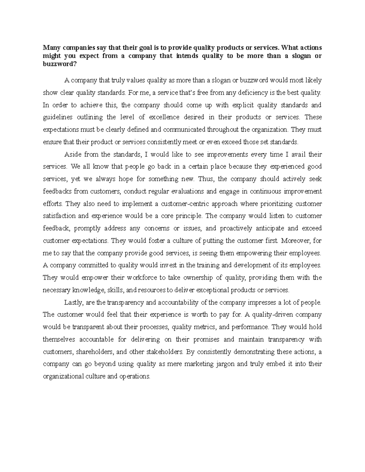Essay Final #1 - Engineering Management - Many companies say that their ...
