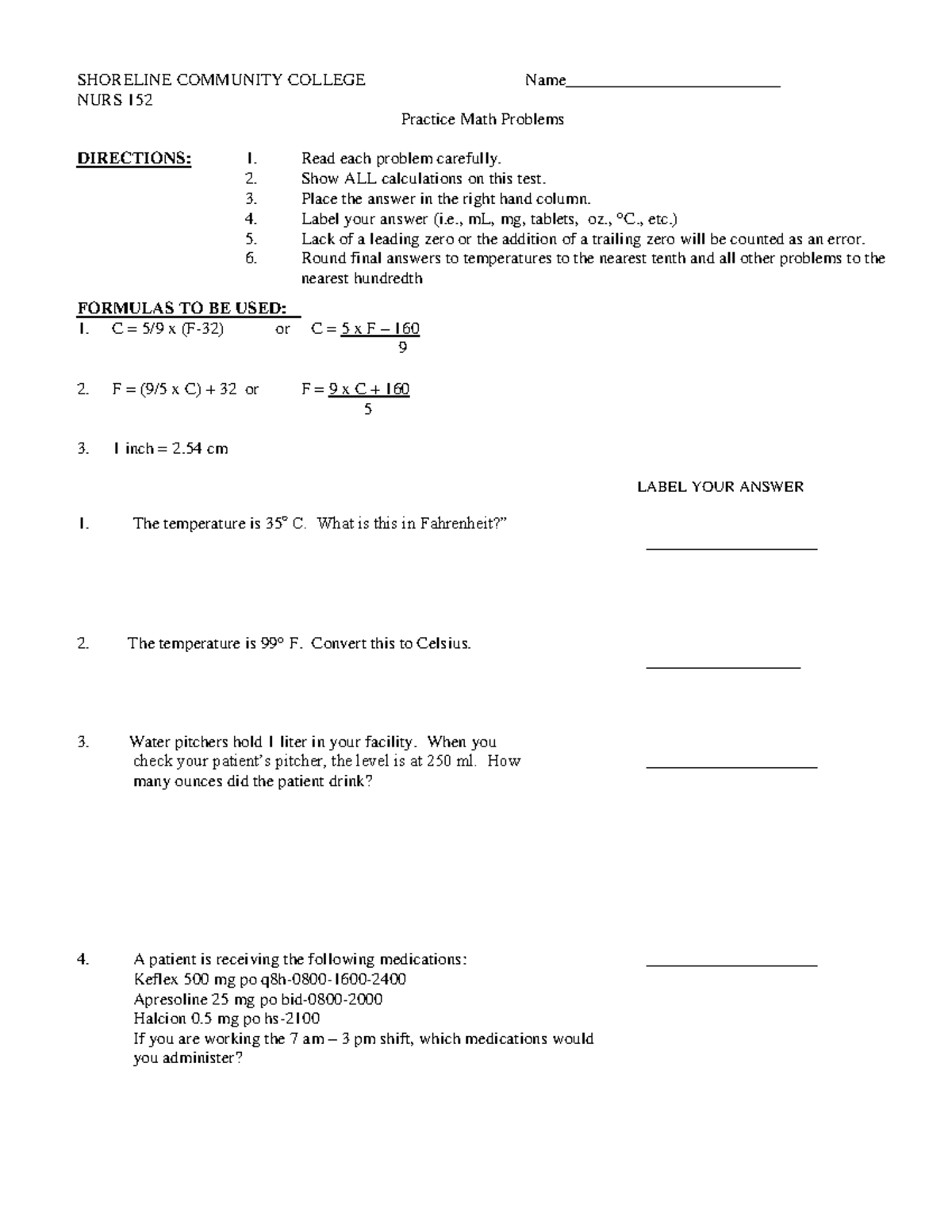 Practice Math problems-1-2 - SHORELINE COMMUNITY COLLEGE Name ...