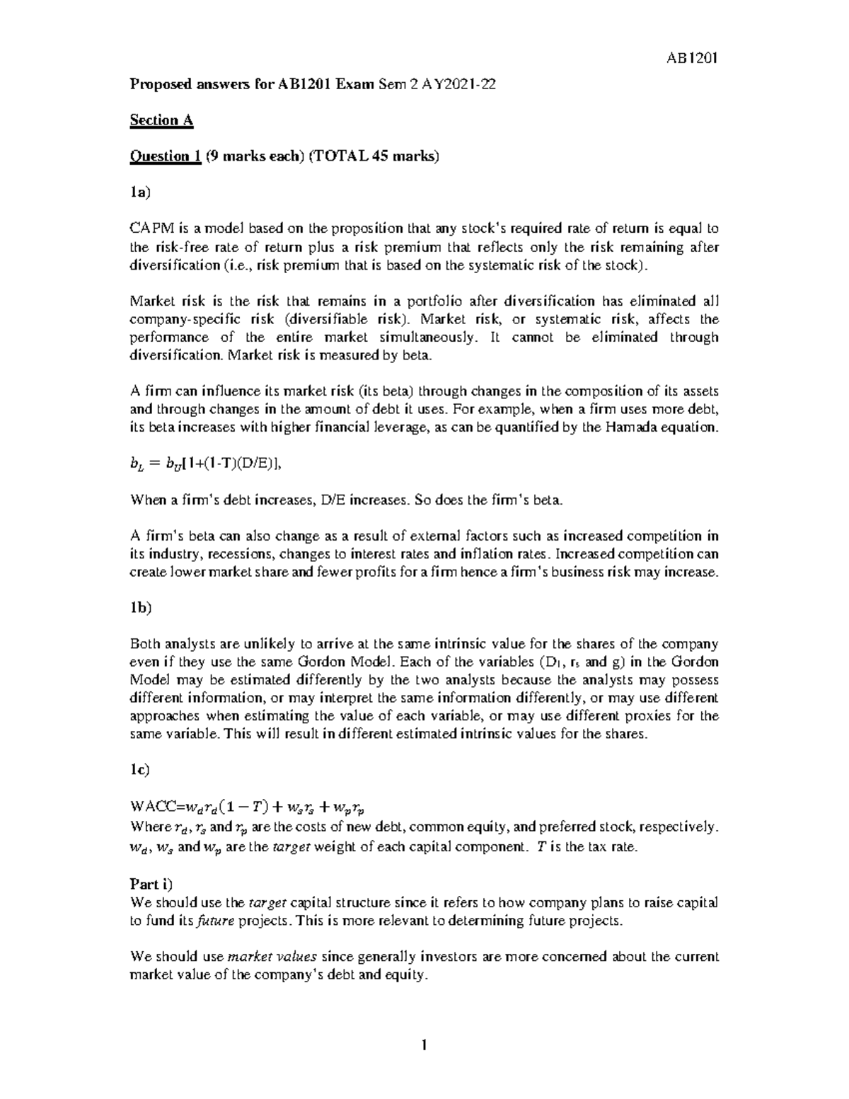 Sample Question Paper Solutions - Proposed answers for AB1201 Exam Sem ...