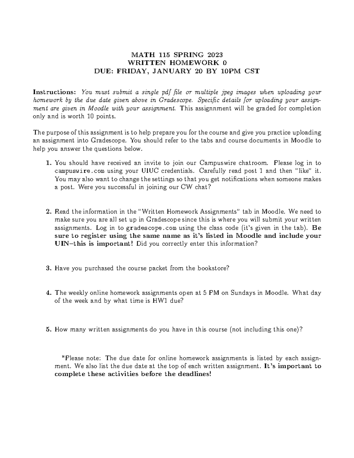 Math 115 Sp23 Hw0 Syllabus Info Loc Math 115 Spring 2023 Written Homework 0 Due Friday