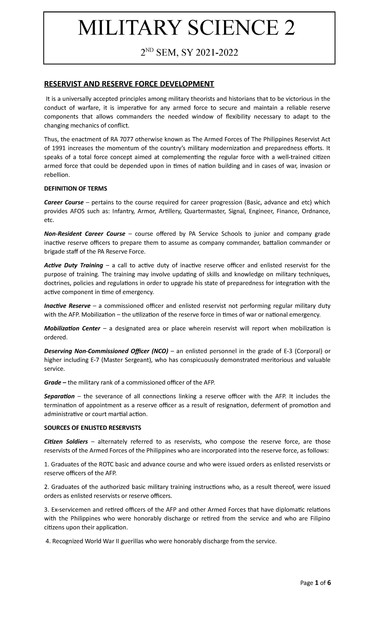 ROTC 5- Reservist-AND- Reserve- Force- Development - RESERVIST AND RESERVE FORCE DEVELOPMENT It ...