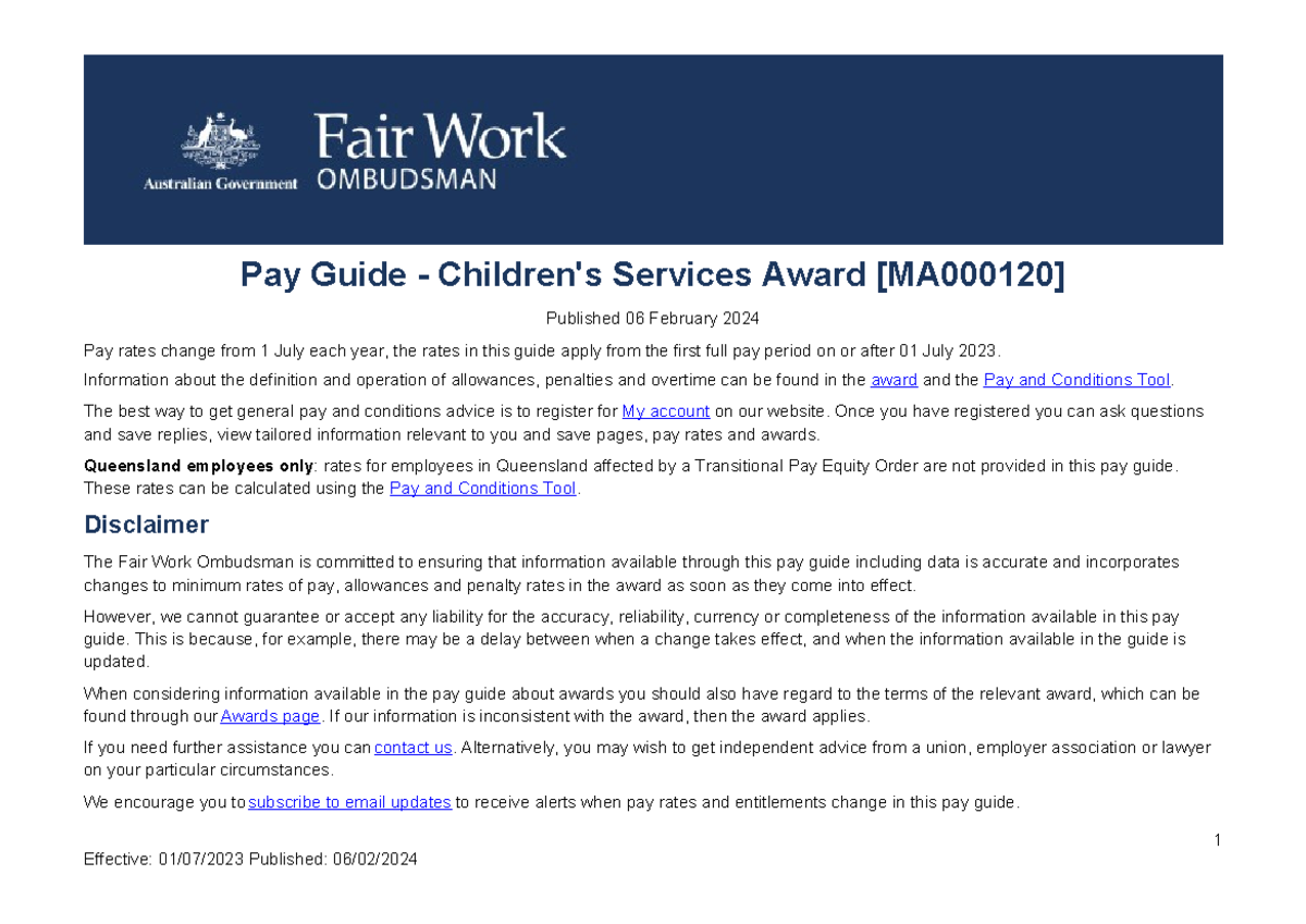 Payguides MA000120 - 1 July 2023 - Pay Guide - Children's Services ...