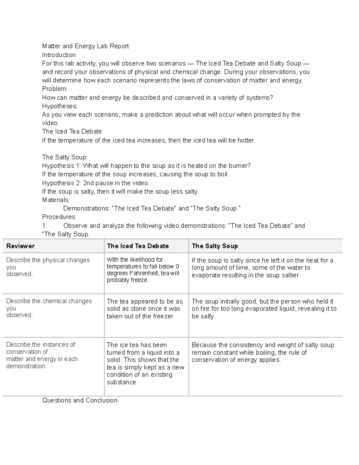 Matter and Energy Lab Report - Matter and Energy Lab Report ...