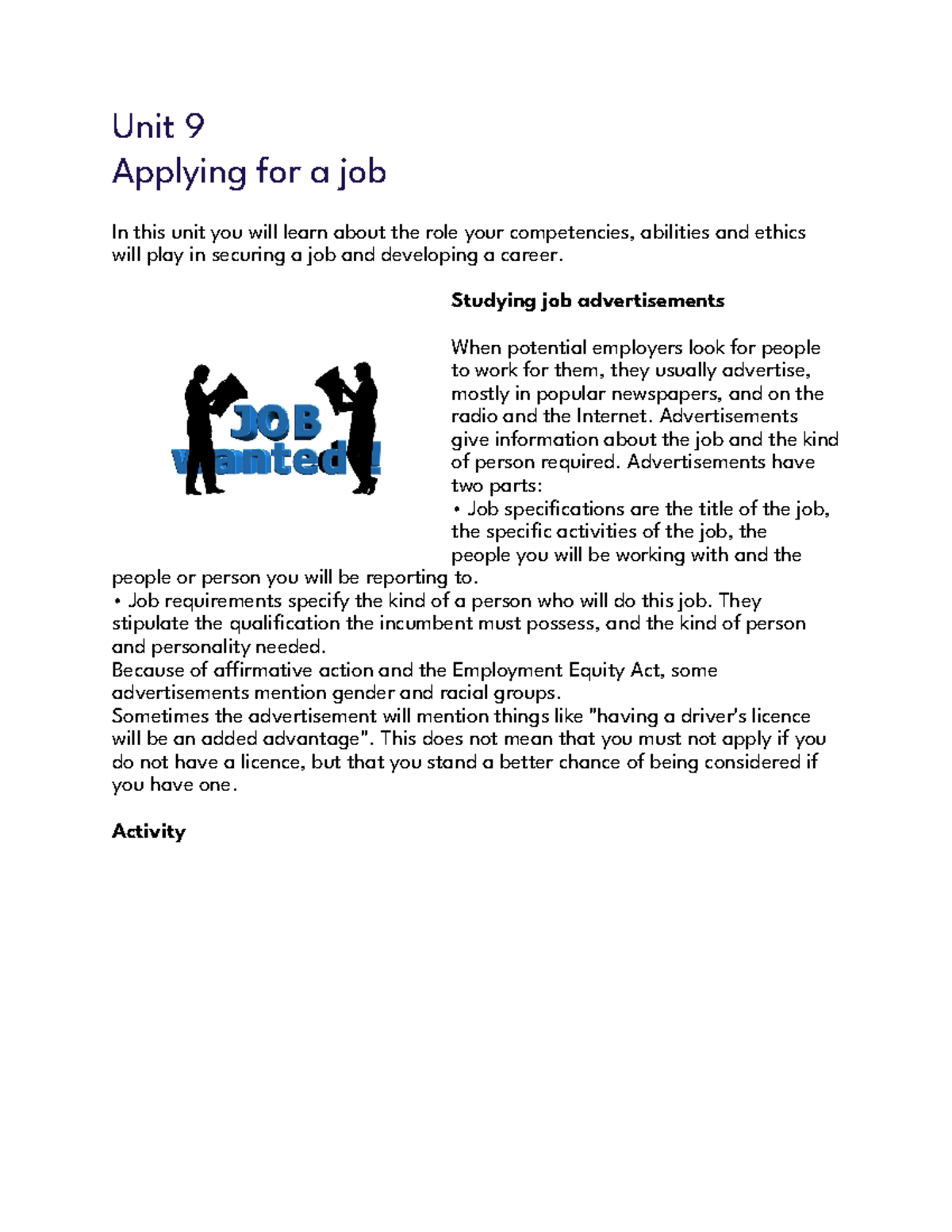 Unit 9 Applying for a job - Studying job advertisements When potential ...