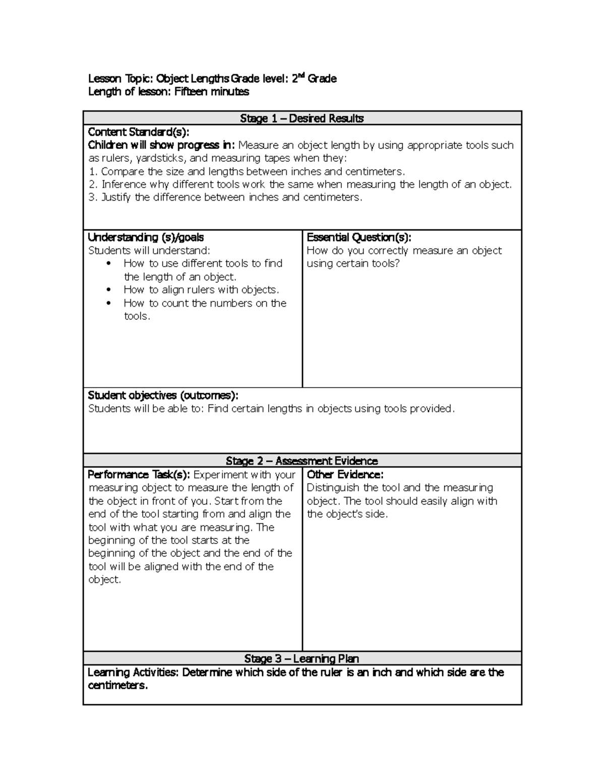 Object Lengths Lesson Plan - Lesson Topic: Object Lengths Grade level ...