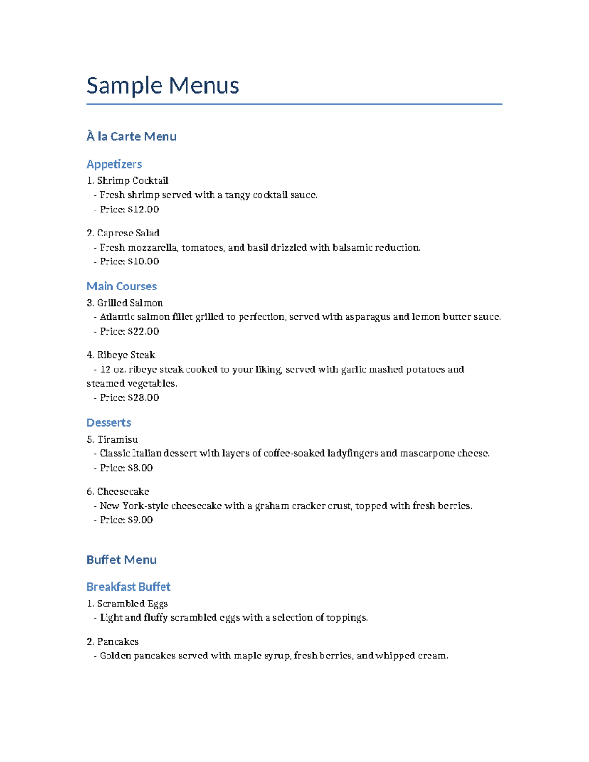Sample Menus - STUDY - Sample Menus À la Carte Menu Appetizers 1 ...