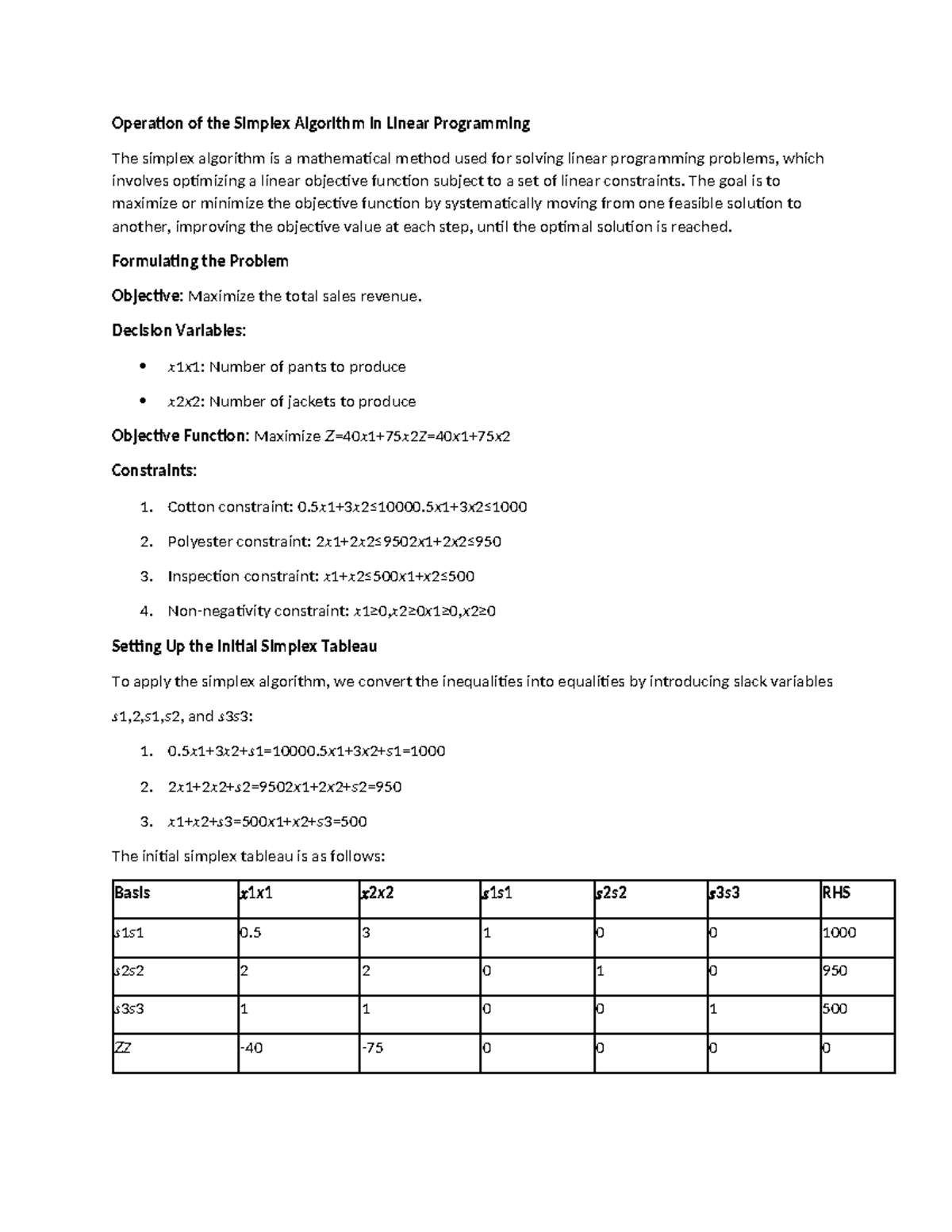 CS 3304 Discussion Unit 6 - Operation of the Simplex Algorithm in Linear Programming The simplex ...
