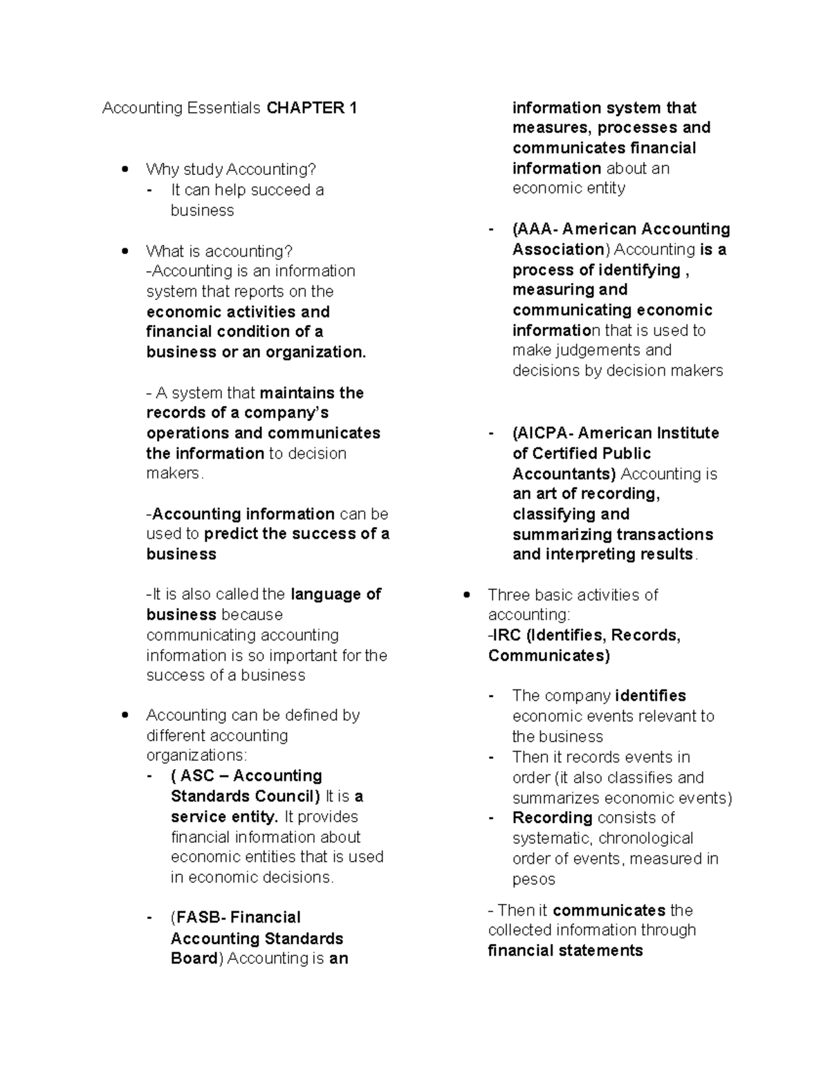 AC41 Chapter 1 Notes - Accounting Essentials CHAPTER 1 Why study ...
