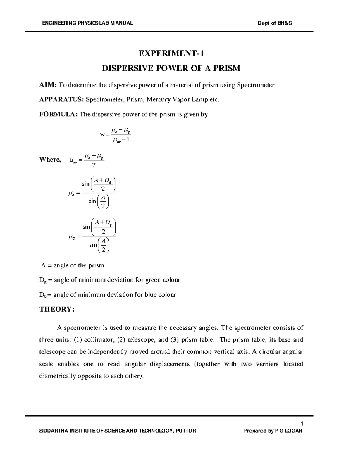 Physics lab manual - Gug ucy - 1 EXPERIMENT- DISPERSIVE POWER OF A ...