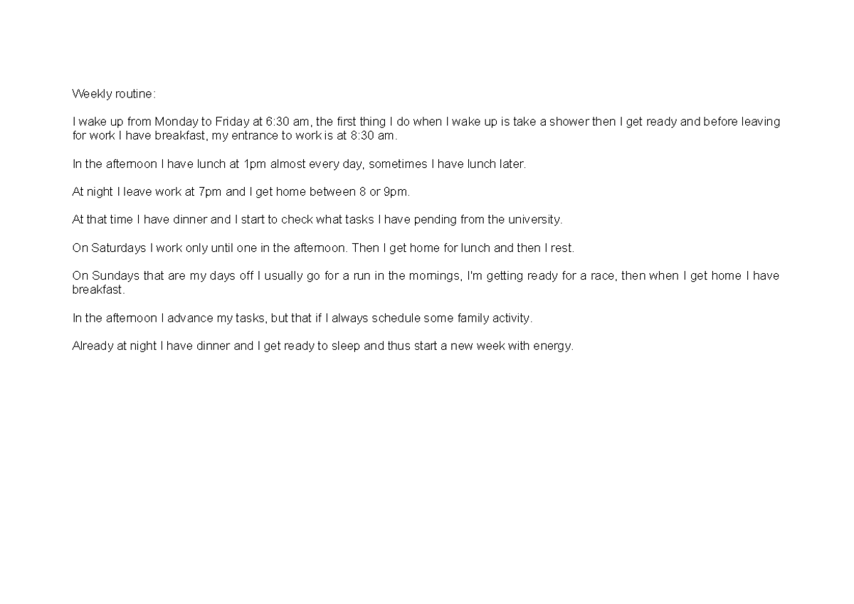 Week 4 - Writing Task Assignment – A day off - Weekly routine: I wake ...