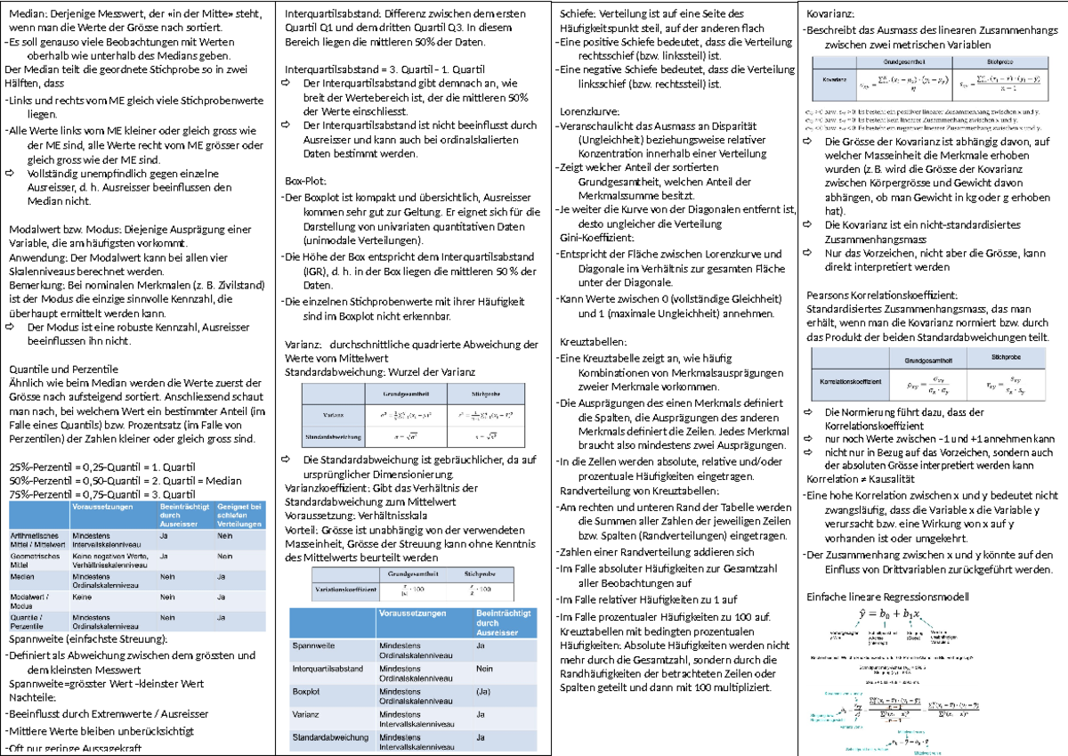 Wirtschaftsstatistik Sheet - Median: Derjenige Messwert, der «in der ...