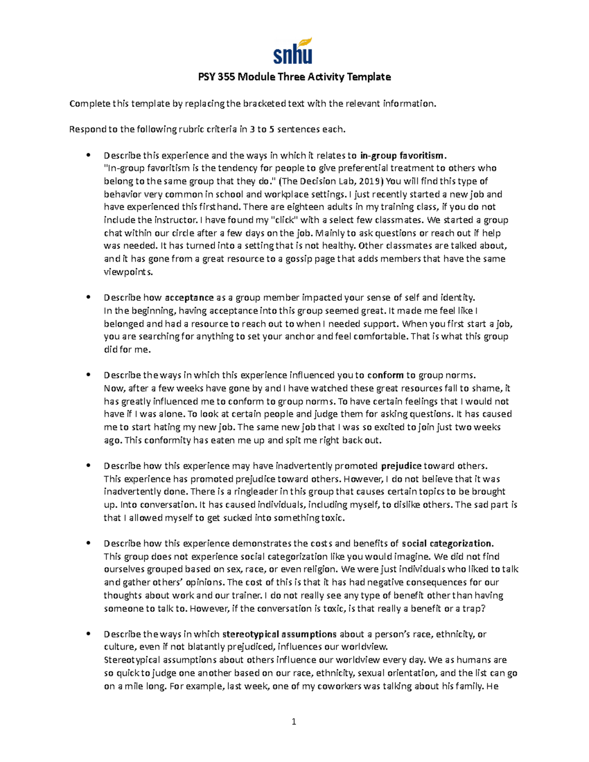 PSY 355 Module Three Activity - Respond to the following rubric criteria in 3 to 5 sentences ...