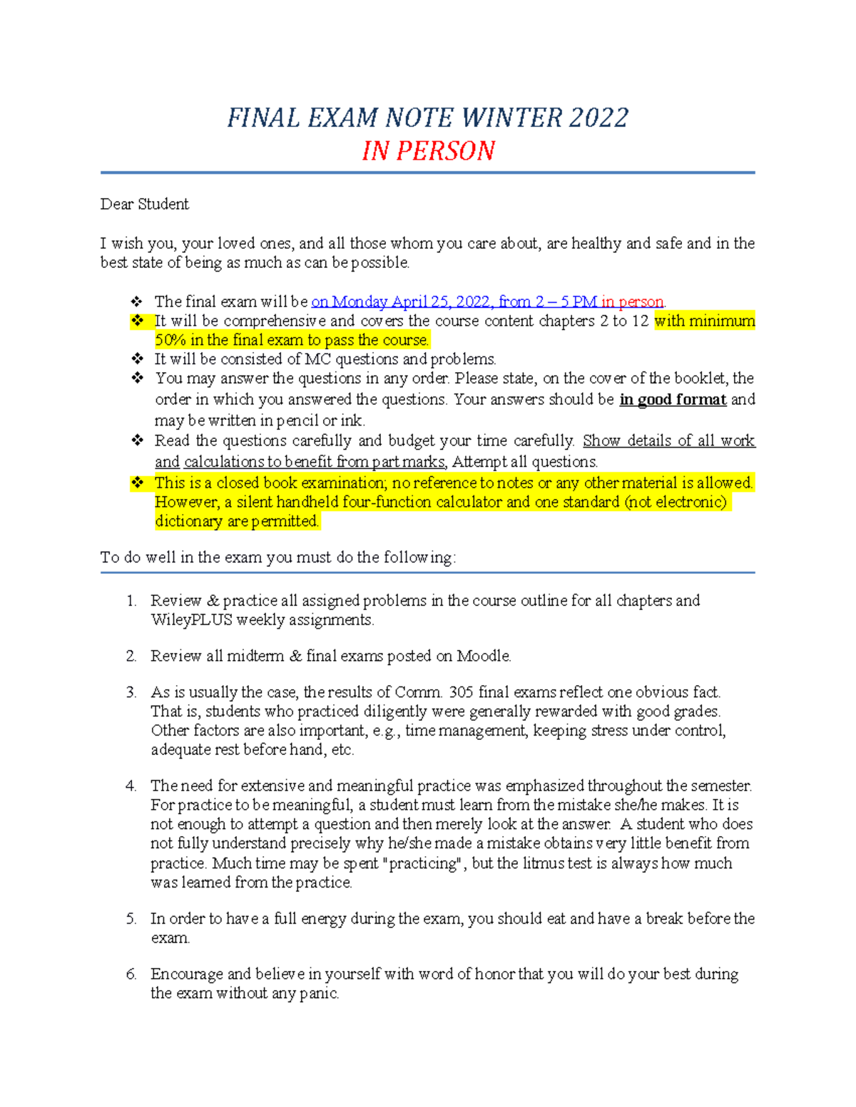 Final EXAM NOTE April 25, 2-5 PM-2022 - FINAL EXAM NOTE WINTER 2022 IN ...
