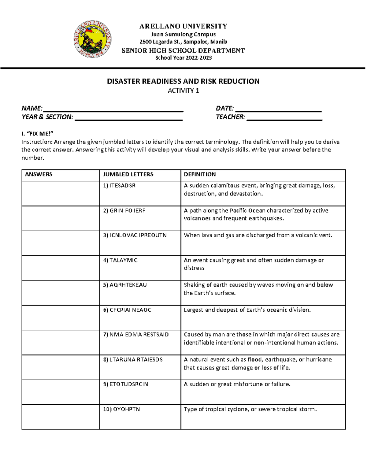 Activity 1 - DRRR - activty for drrrr - ARELLANO UNIVERSITY Juan ...