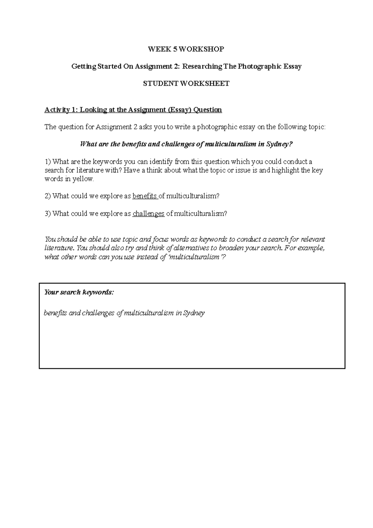 Week 5 Student Worksheet - WEEK 5 WORKSHOP Getting Started On ...