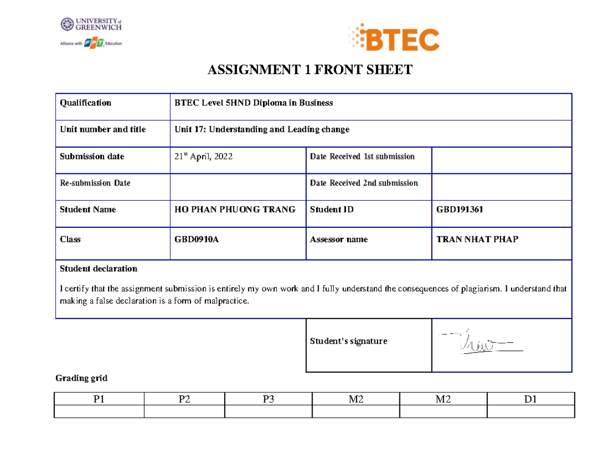 529 ASM1 HO PHAN Phuong Trang GBD191361 - ASSIGNMENT 1 FRONT SHEET Qualification BTEC Level 5HND ...