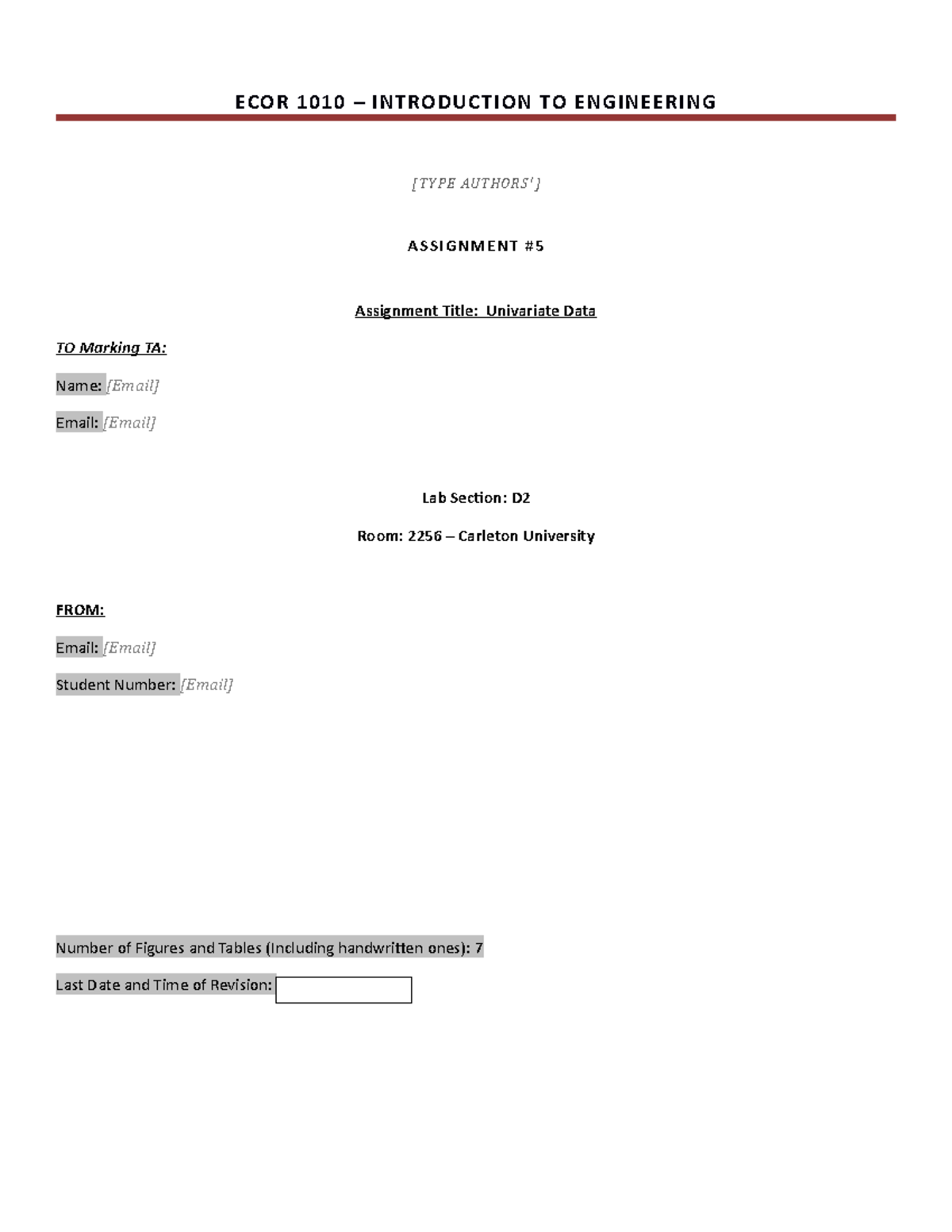 ECOR 1010 LAB 5 - ECOR 1010 – INTRODUCTION TO ENGINEERING [ T Y P E A UT H O R S 1 ] ASSIGNMENT ...