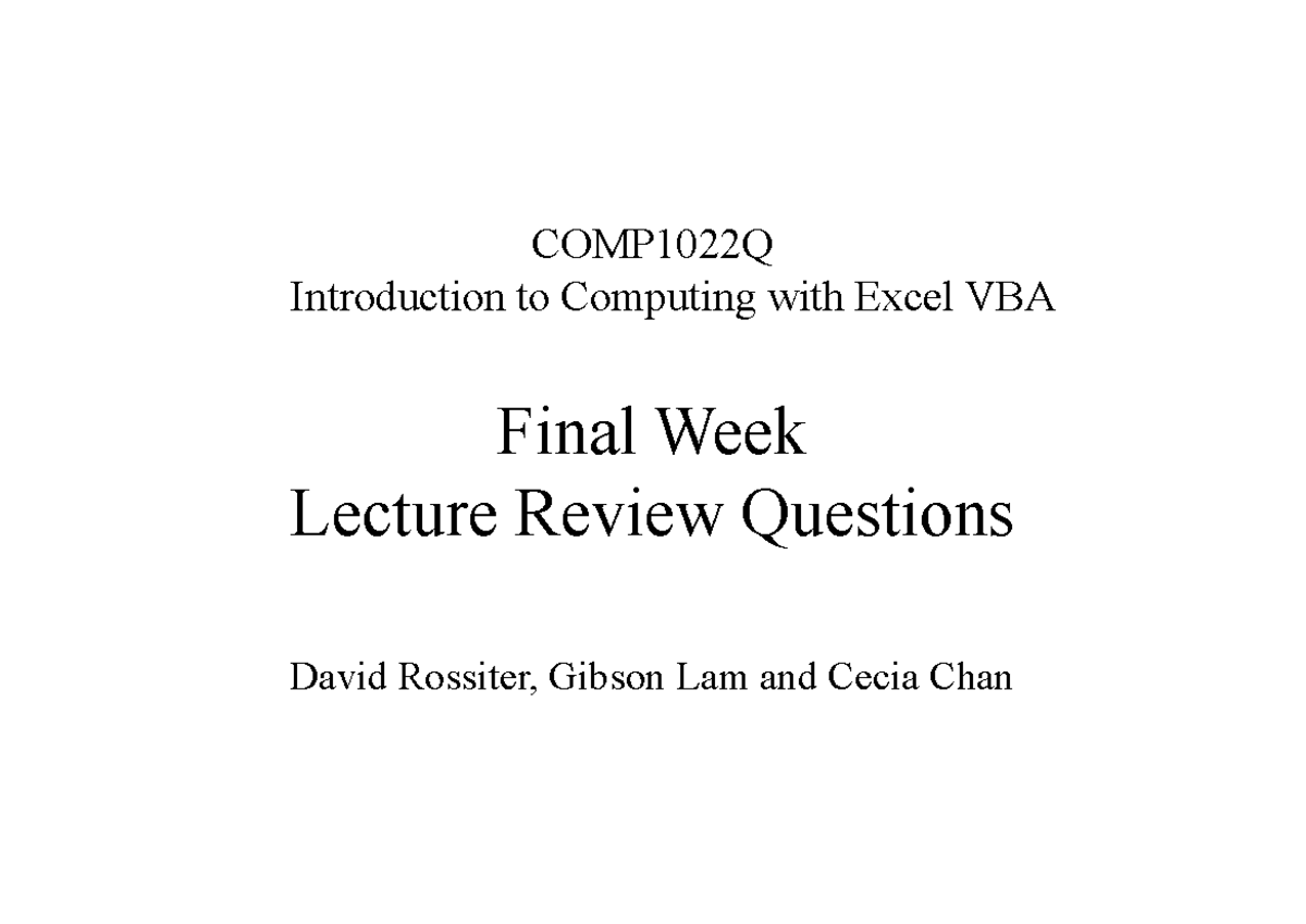 39 1022q final review questions only s2019 bw - COMP1022Q Introduction to Computing with Excel ...