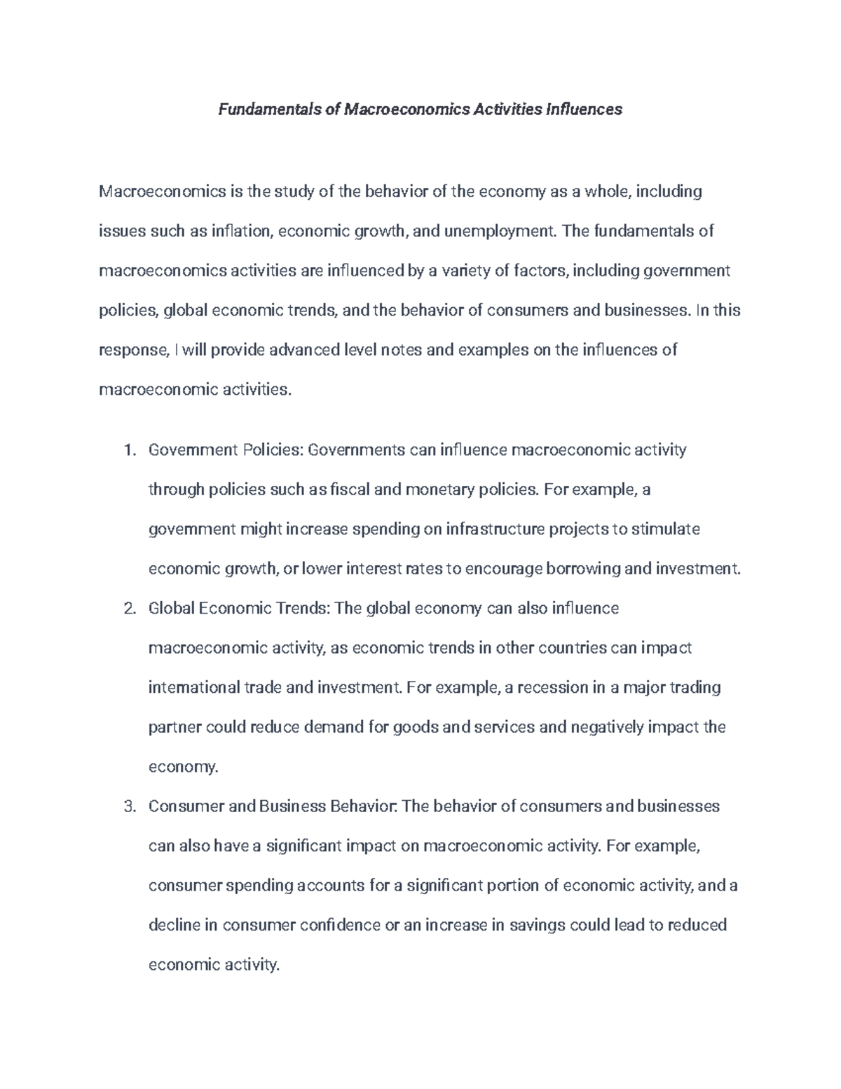 Notes on Fundamentals of Macroeconomics Activities Influences ...