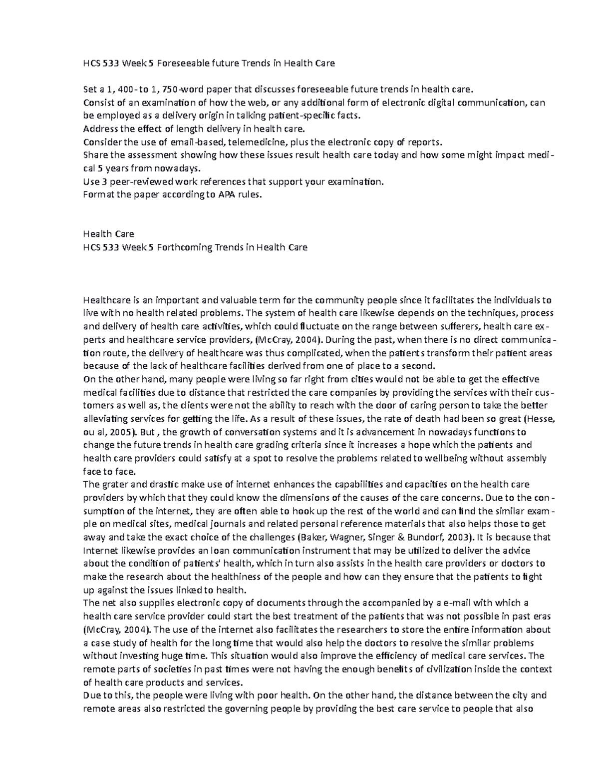 HCS 533 Week 5 Future Trends in Health Care paper latest 1 - HCS 533 ...