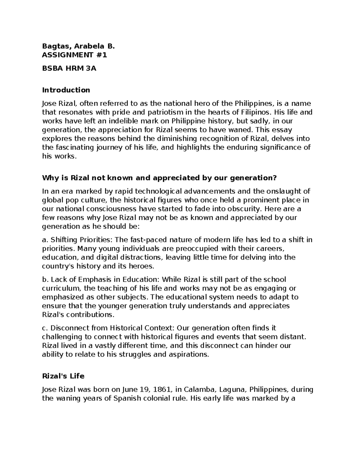 Assignment 1_notes - Bagtas, Arabela B. ASSIGNMENT # BSBA HRM 3A ...