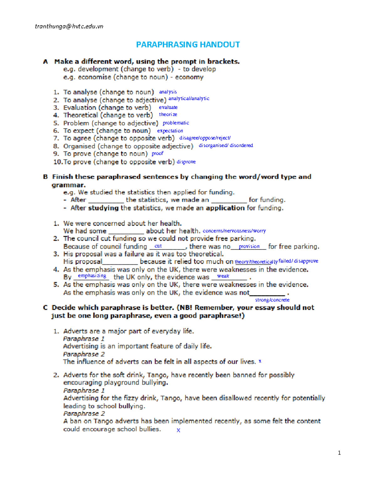 Paraphrasing- Handout-Vy - English Finance 1 - PARAPHRASING HANDOUT ...