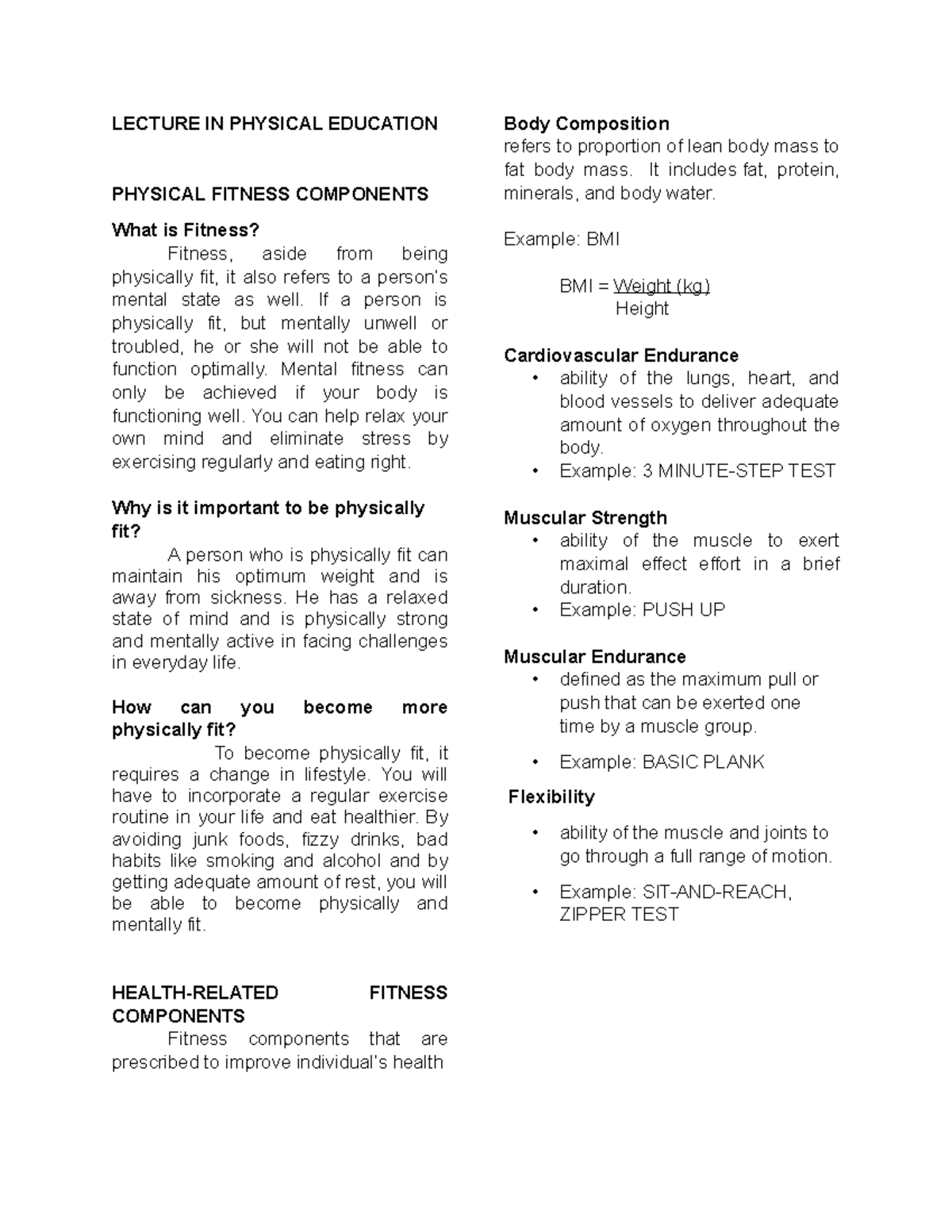 Lecture PE 1, Health 1-3 - LECTURE IN PHYSICAL EDUCATION PHYSICAL ...