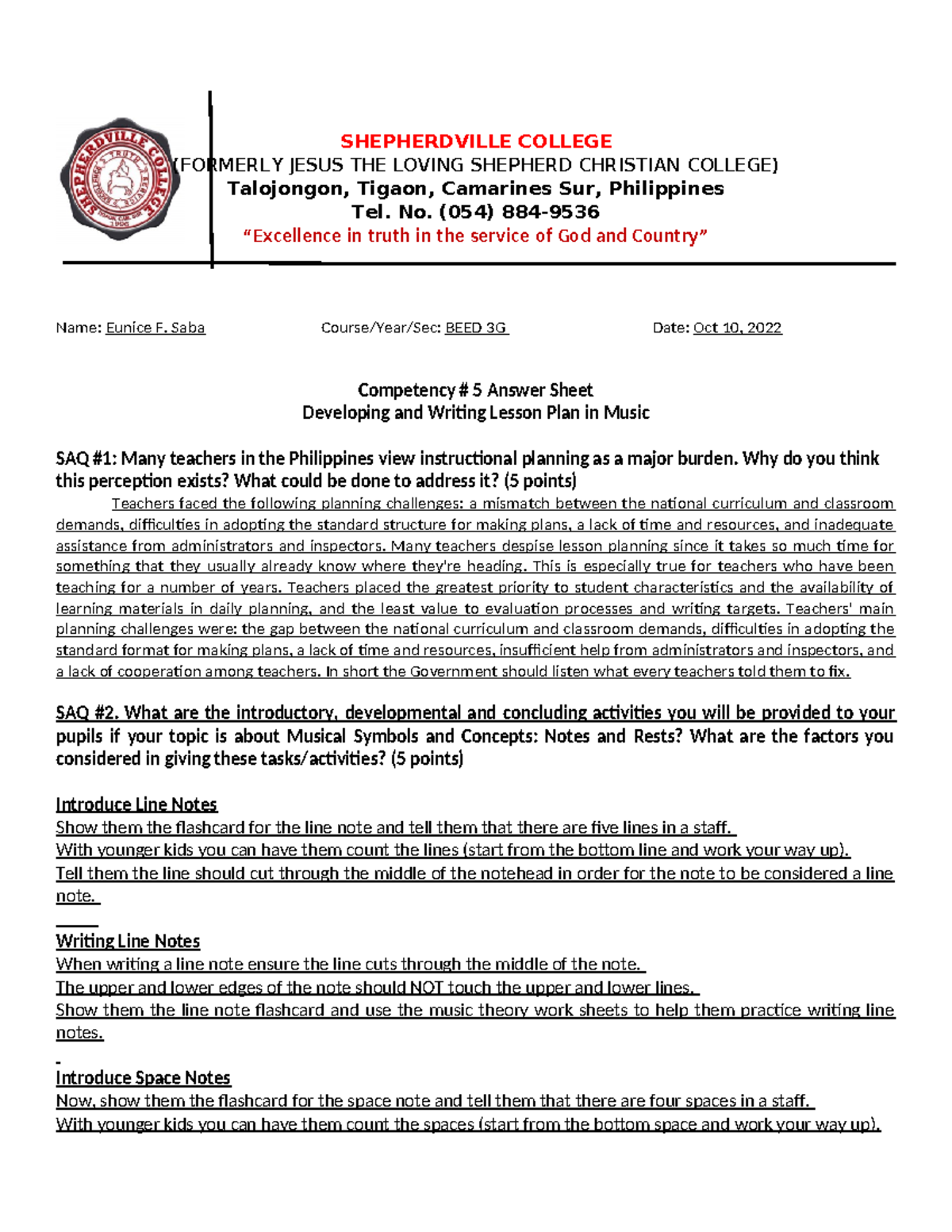 Answersheet #5 - Module - SHEPHERDVILLE COLLEGE (FORMERLY JESUS THE ...