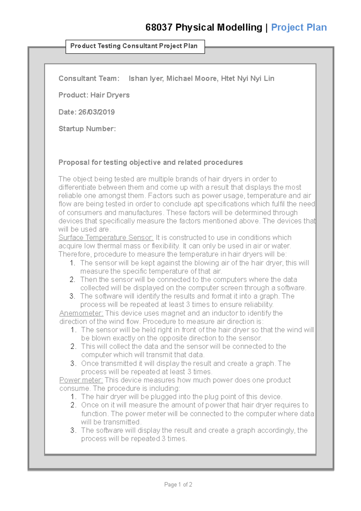 PE Prelab Project Template - 68037 Physical Modelling | Project Plan ...