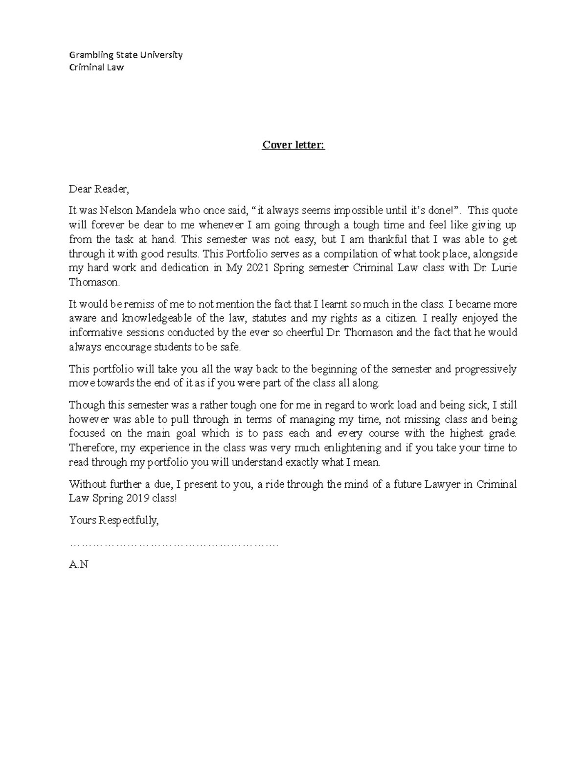 Criminal Law Portfolio - Criminal Law Cover letter: Dear Reader, It was ...